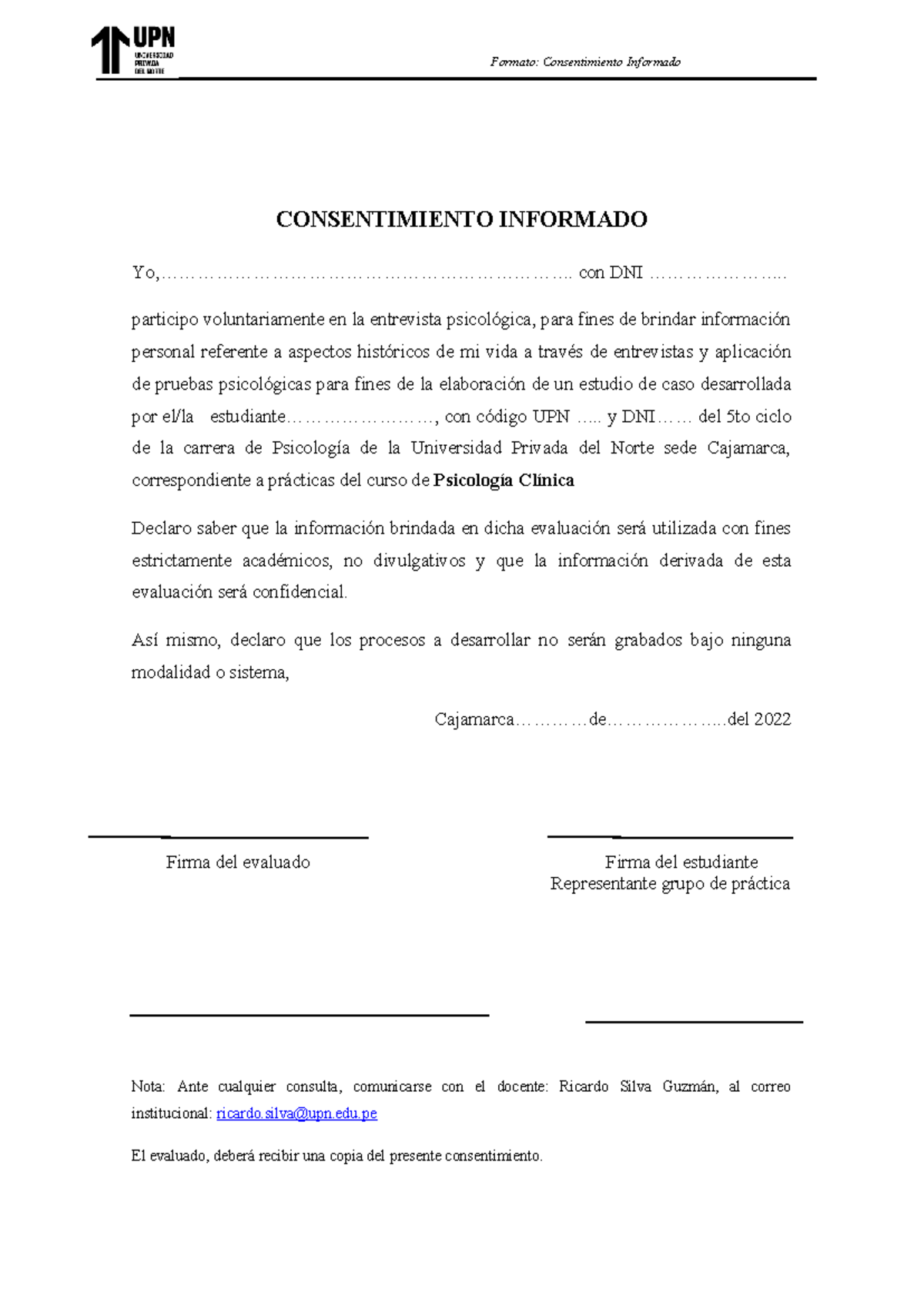 Consentimiento Informado Estudio de Caso Ps. Clínica - Formato: Consentimiento Informado - Studocu