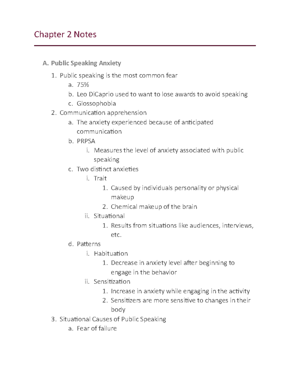 Chapter 2 Notes - Chapter 2 Notes A. Public Speaking Anxiety 1. Public ...