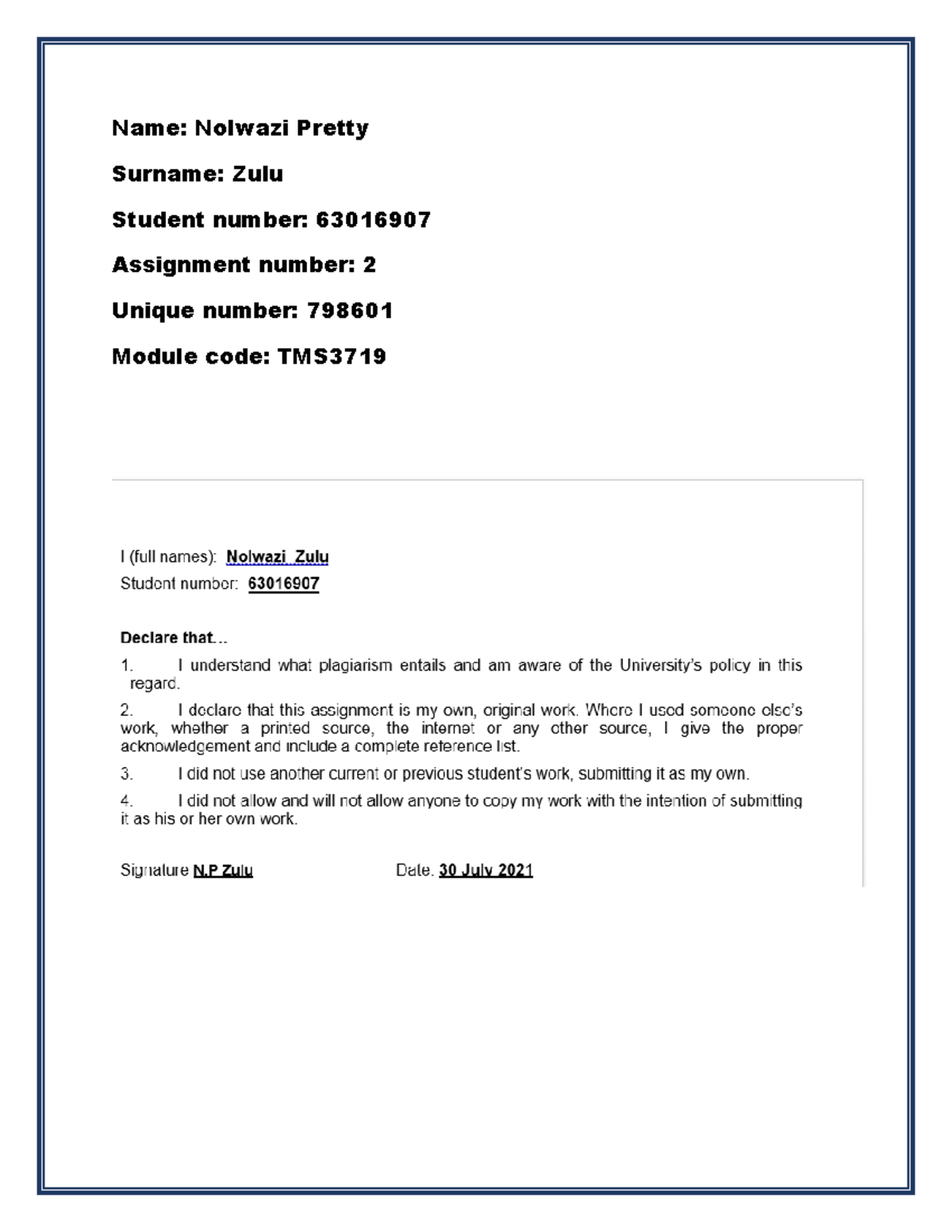 63016907 TMS3719 02 MARK091100 - Name: Nolwazi Pretty Surname: Zulu ...