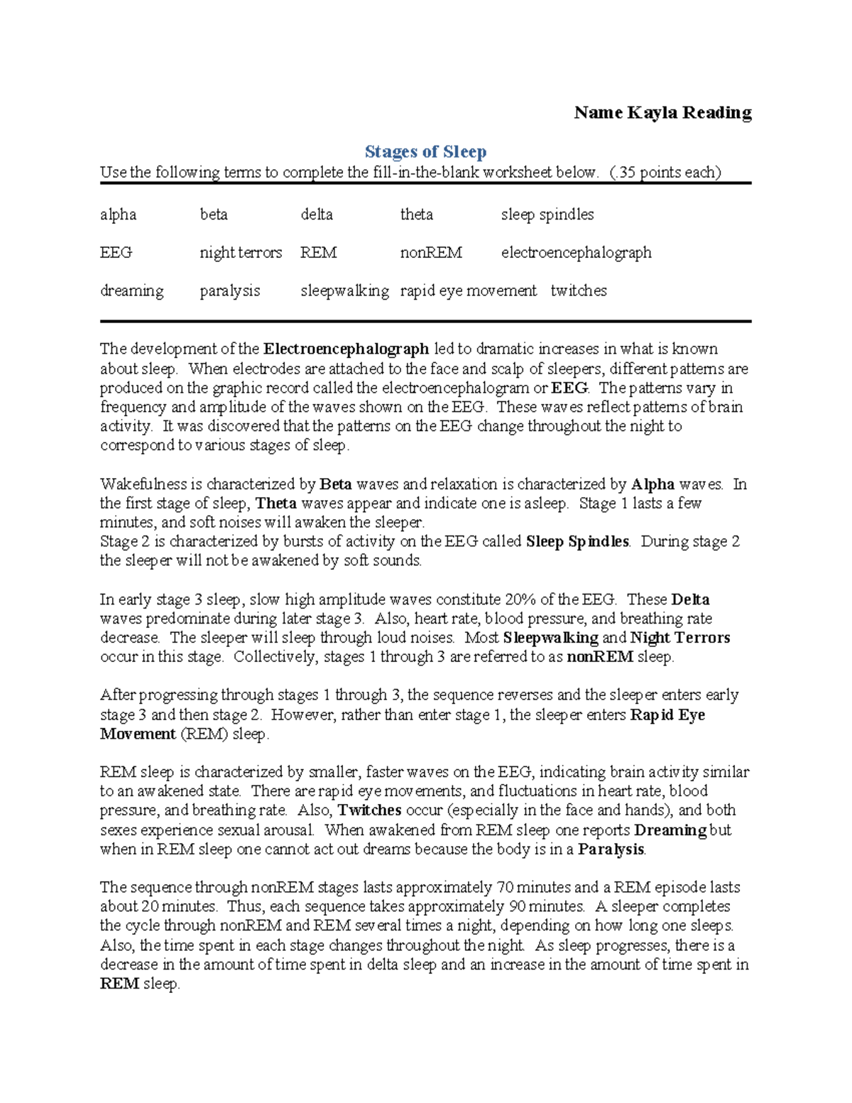 4 stages of sleep - Assignment on chapter work for an assigned week ...