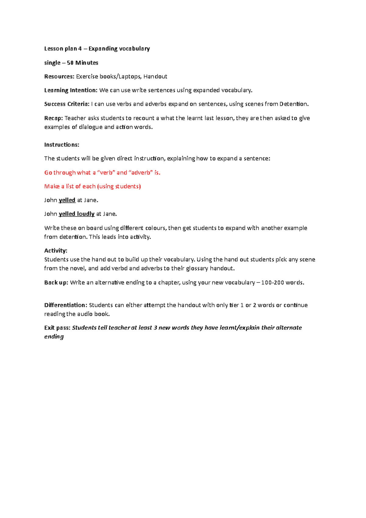 Lesson plan 4 Altered - Expansion of vocab - Lesson plan 4 – Expanding ...