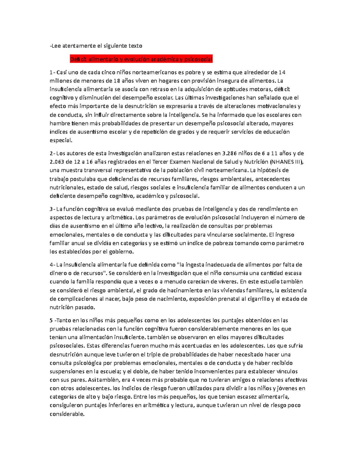 Textos 5 y 6 - ...... -Lee atentamente el siguiente texto Déficit ...
