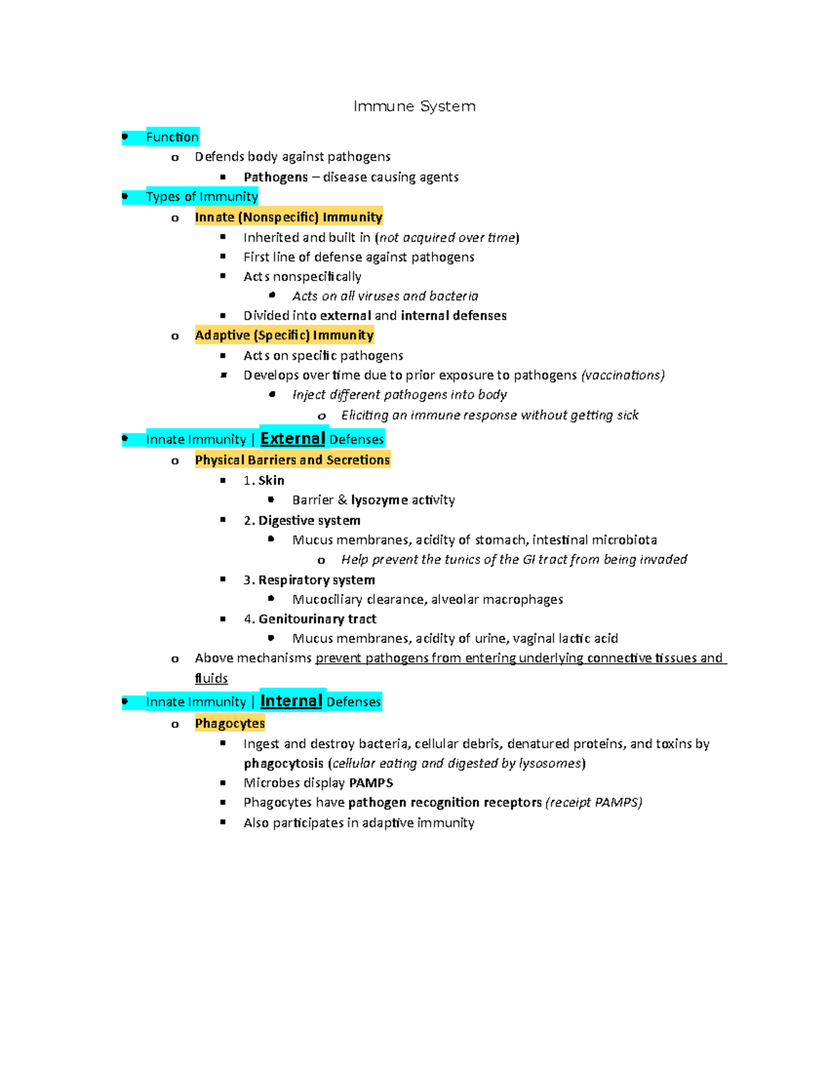 Immune System - Immune System Function o Defends body against pathogens ...