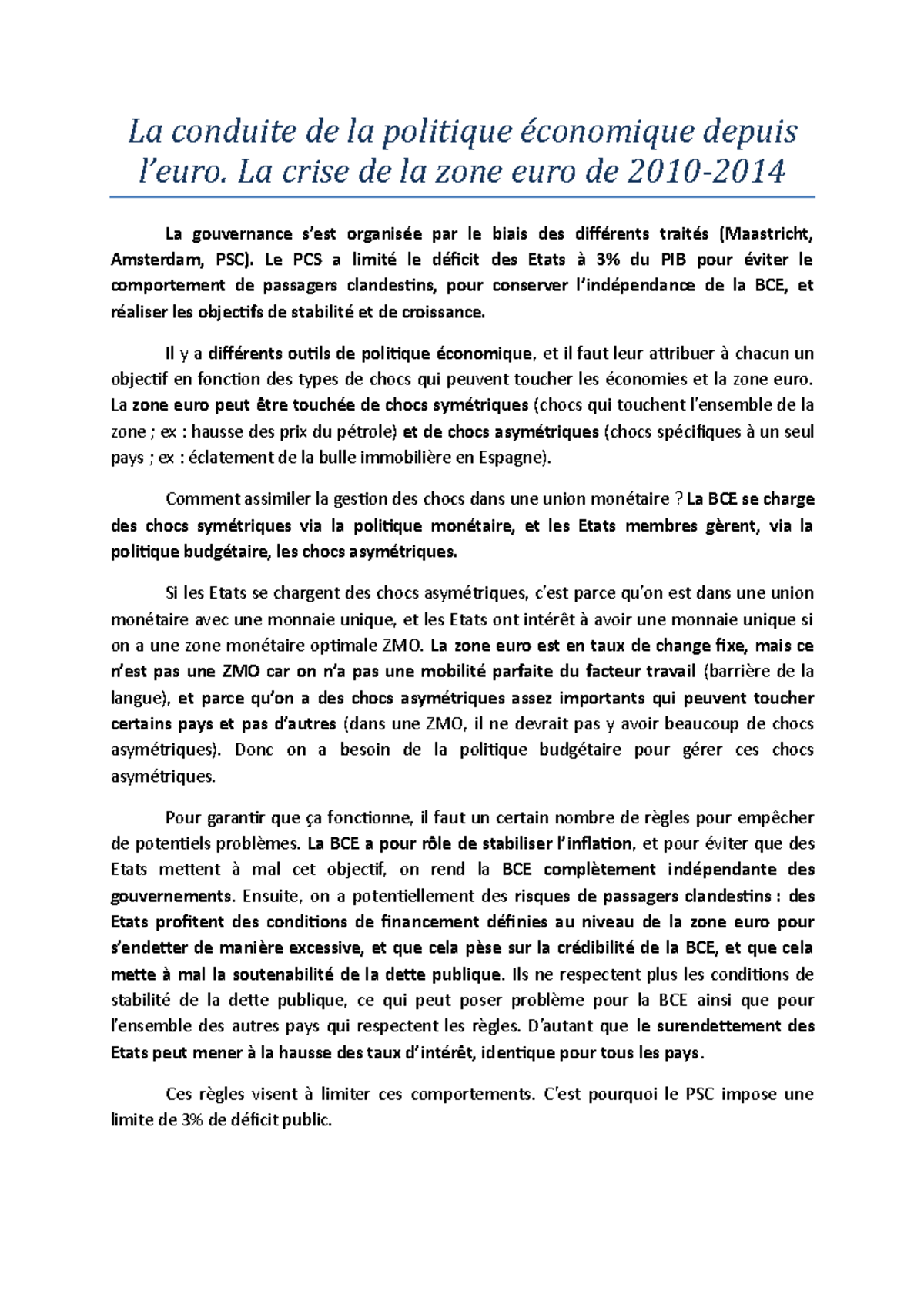 Politique économique en zone euro et crise de 2010-2014 - La conduite ...