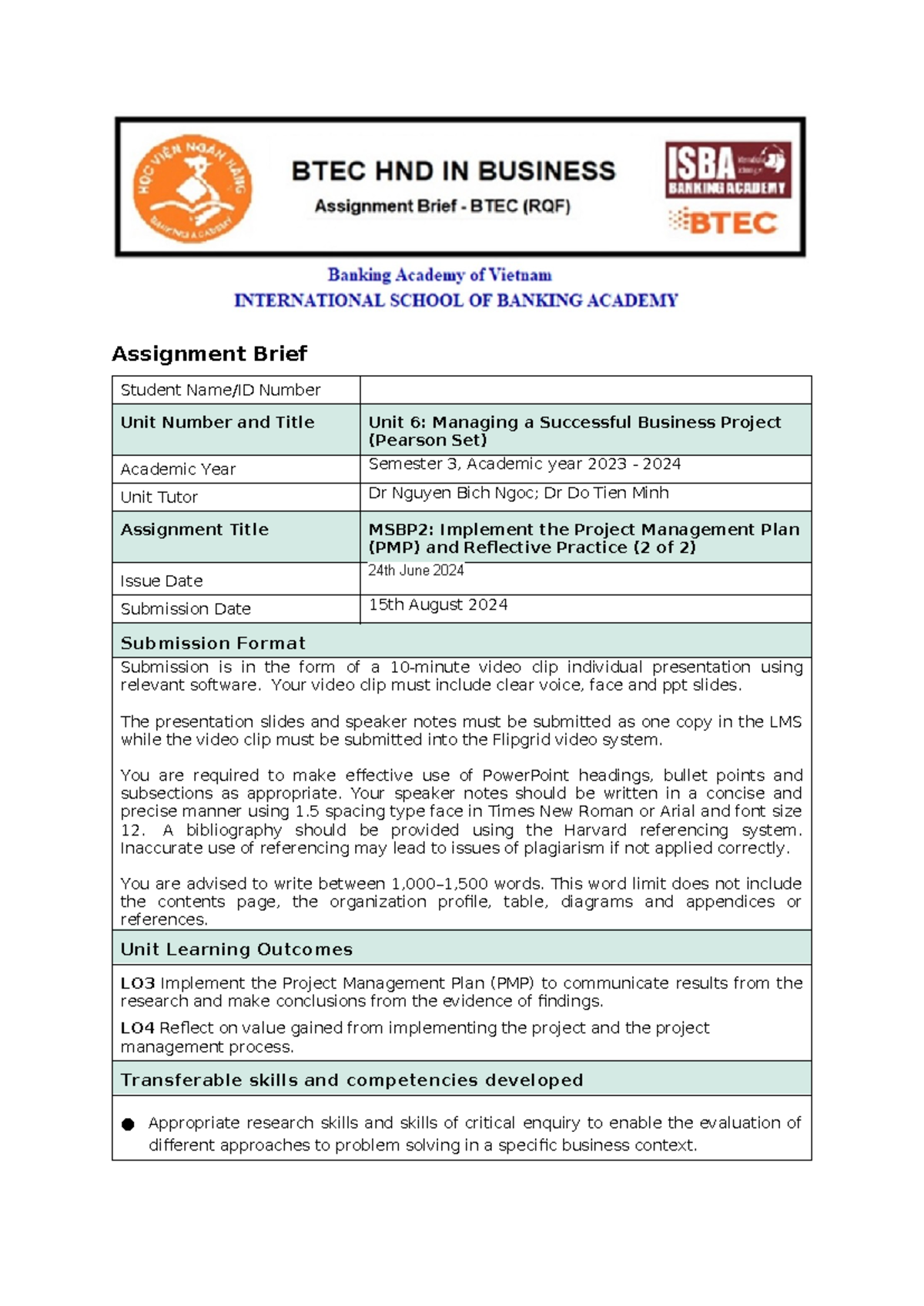 A2 MSBP a2 msbp - Assignment Brief Student Name/ID Number Unit Number ...