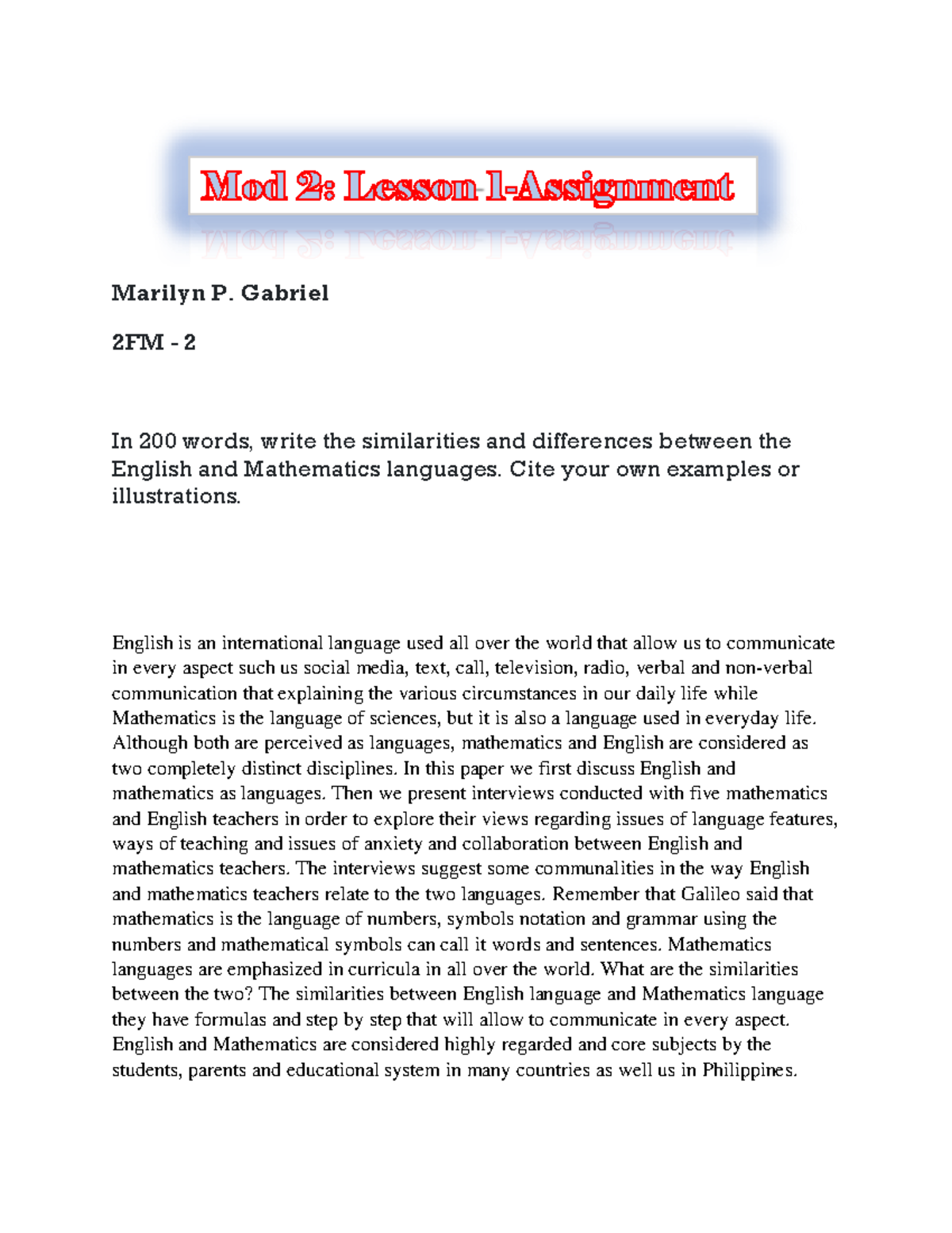 Mod 2 Lesson 1 Assignment MATH - Marilyn P. Gabriel 2FM - 2 In 200 ... Mod 2 Lesson 1 Assignment MATH - Marilyn P. Gabriel 2FM - 2 In 200 ...