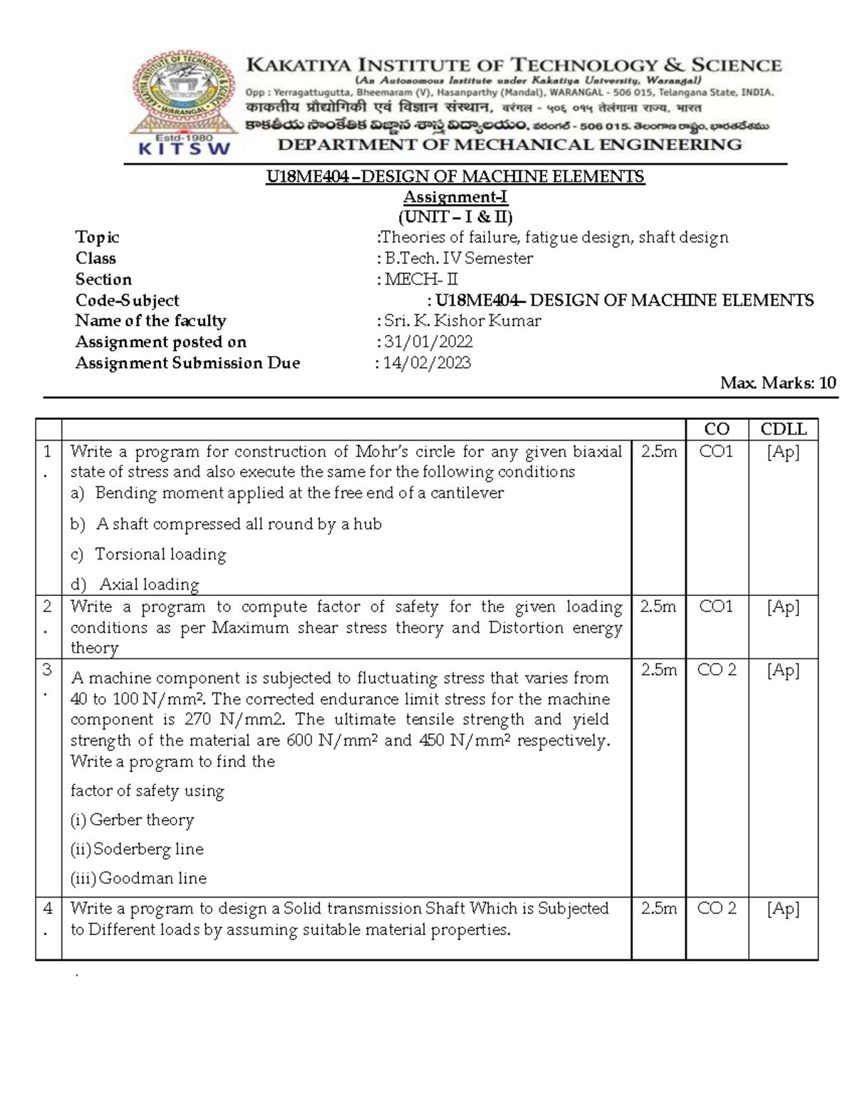Assignment-1 - Important assignment in DESIGN OF MACHINE - U18ME404 ...