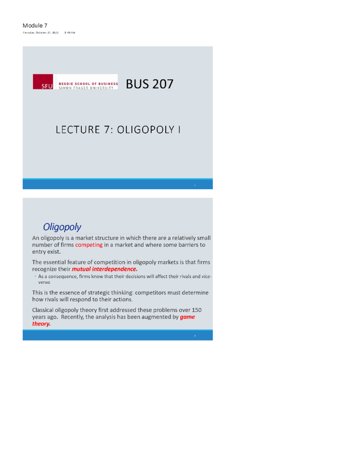 Oligopoly I hand notes 2022f - BUS 207 - Module 7 Thursday, October 27 ...