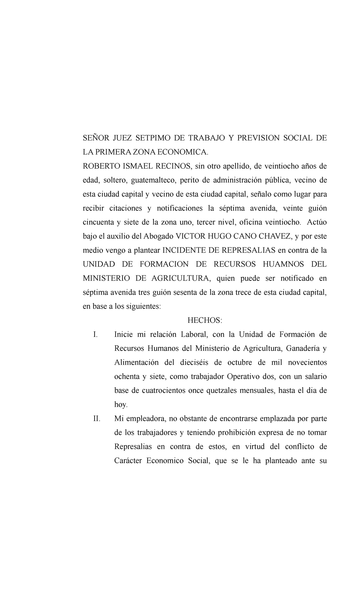 9. Incidente DE Represalias - SEÑOR JUEZ SETPIMO DE TRABAJO Y PREVISION ...