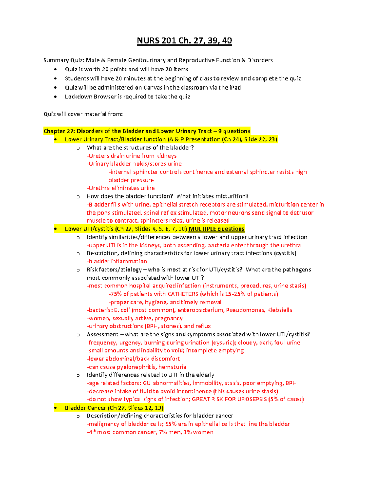 GU Study Guide - NURS 201 Ch. 27, 39, 40 Summary Quiz: Male & Female ...