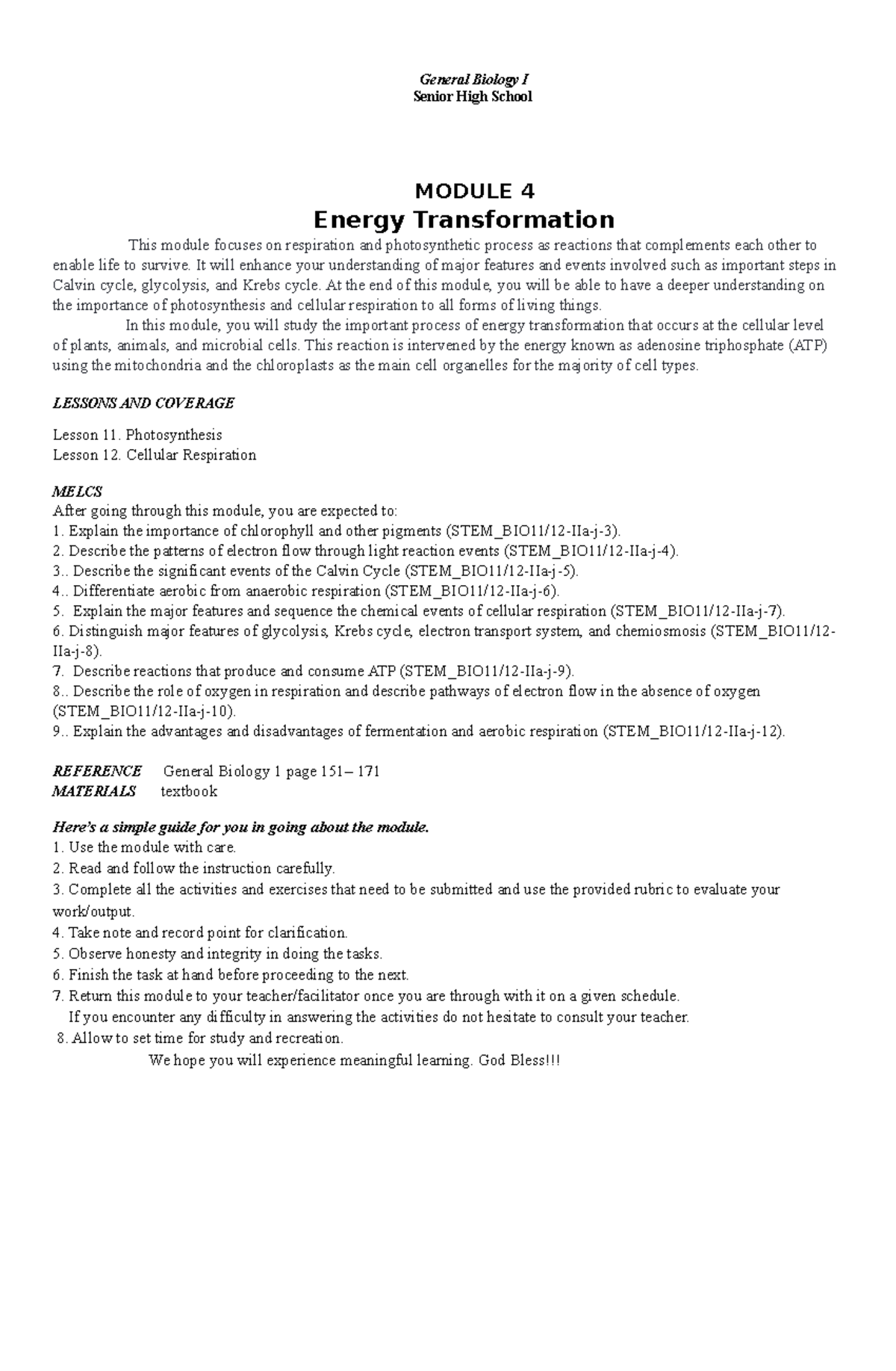 Biology Q4-Module - SAMPLE MODULES FOR SENIOR HIGHSCHOOL STEM - Senior ...