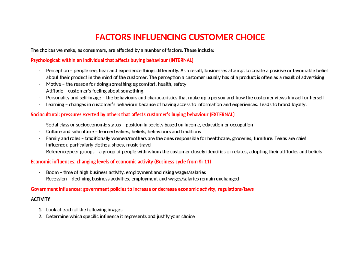 Factors influencing customer choice Answers - FACTORS INFLUENCING ...