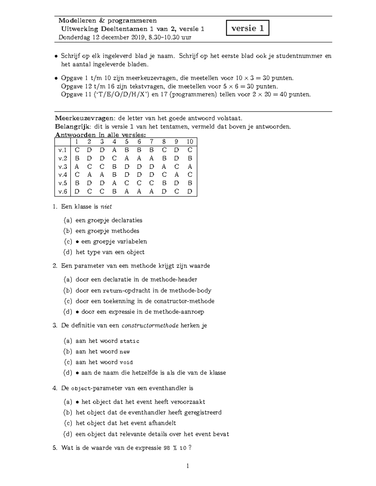 T1 2019 antwoorden - Modelleren & programmeren Uitwerking Deeltentamen ...