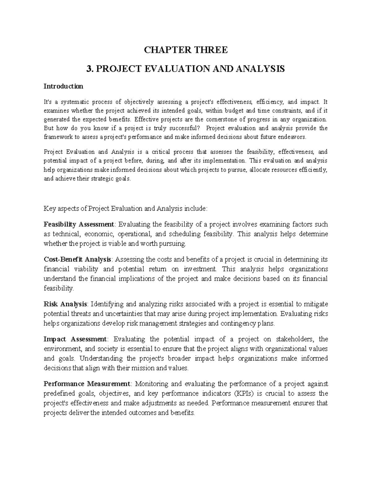 Chapter Three - It is about Project Evaluation and Analysis and feasibility study. - CHAPTER ...