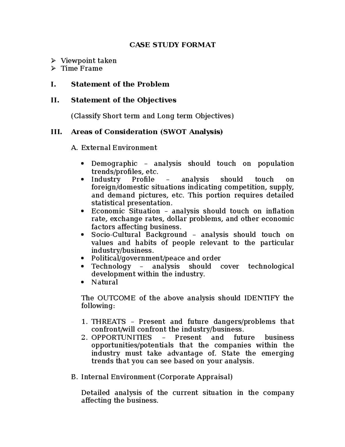 Case Study Format - yey - CASE STUDY FORMAT Viewpoint taken Time Frame ...