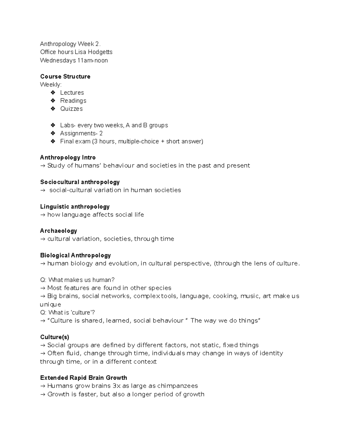 Anthropology Week 2 - Notes - Anthropology Week 2. Office hours Lisa ...