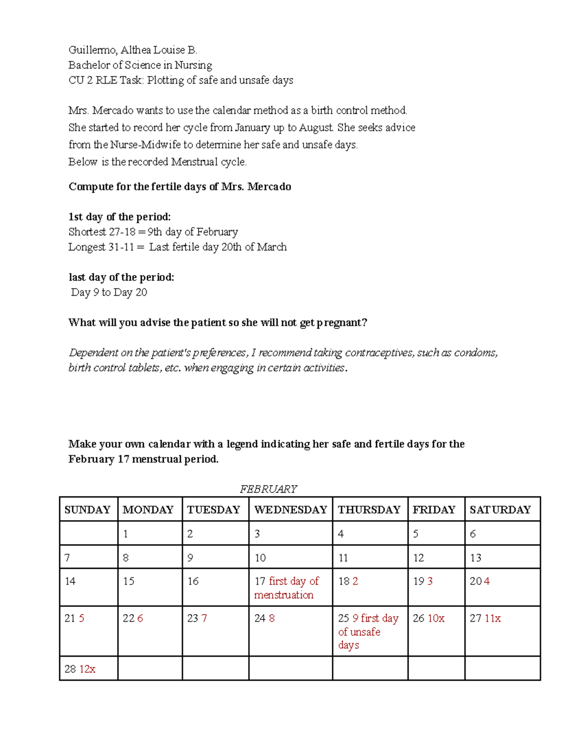 Plotting of safe and unsafe days - Guillermo, Althea Louise B. Bachelor ...