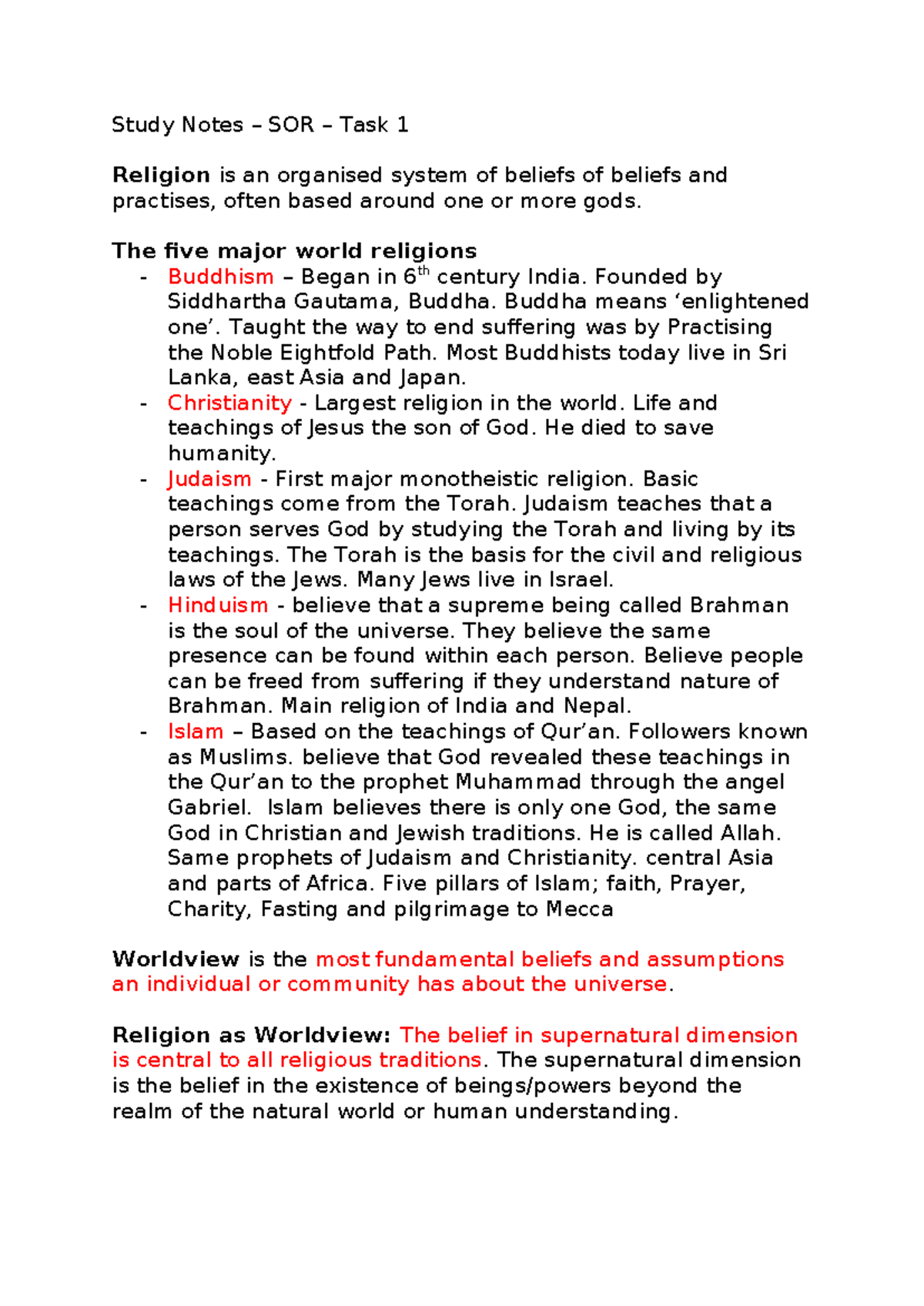 Task 1 Notes - Study Notes – SOR – Task 1 Religion is an organised ...