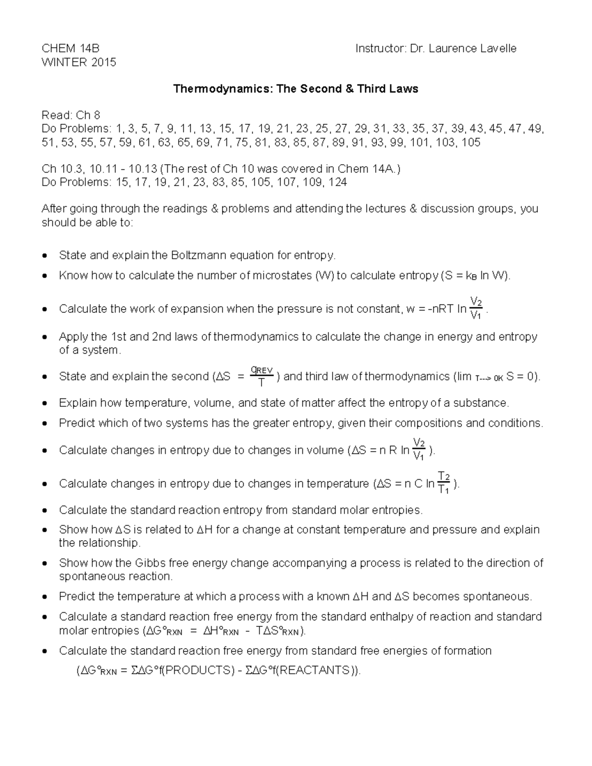Chem14B Outline 2 Thermodynamics - CHEM 14B Instructor: Dr. Laurence ...