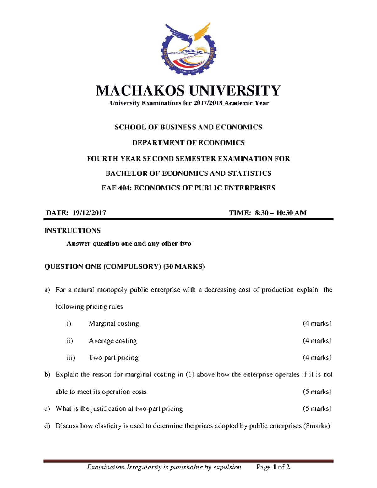 EAE 303 - NILL - Examination Irregularity is punishable by expulsion ...