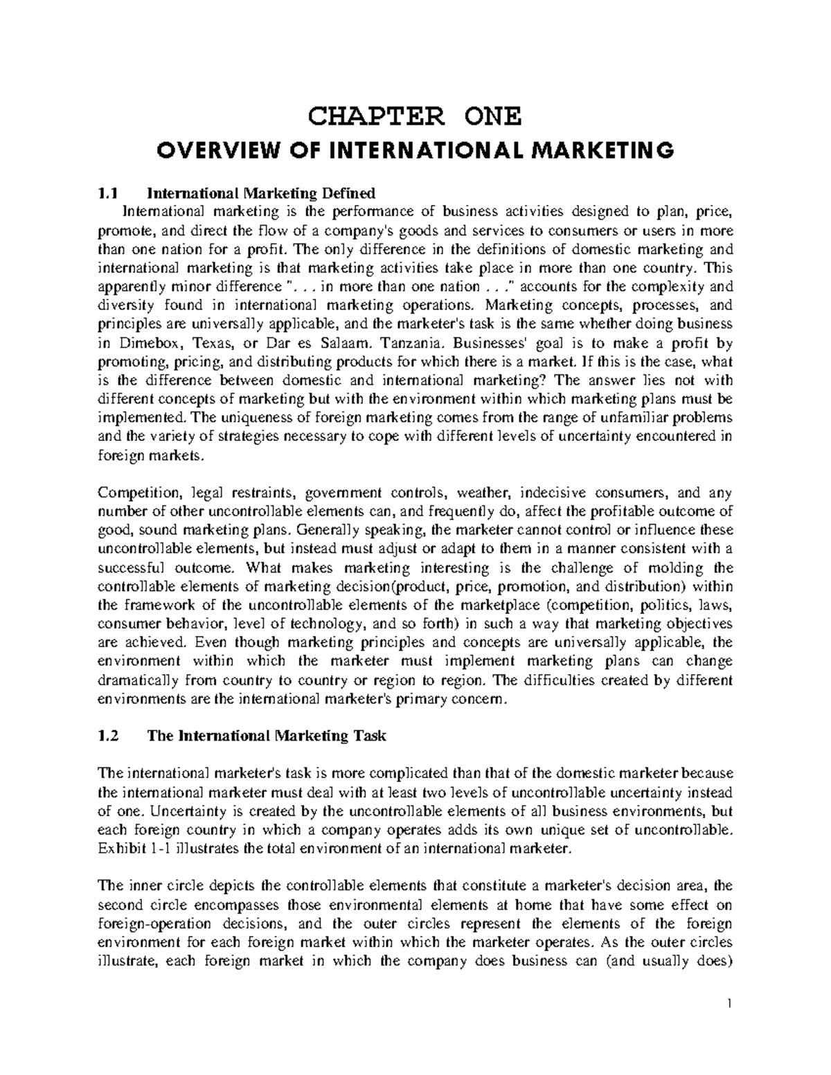 1- Chapter -1 - CHAPTER ONE OVERVIEW OF INTERNATIONAL MARKETING 1 ...