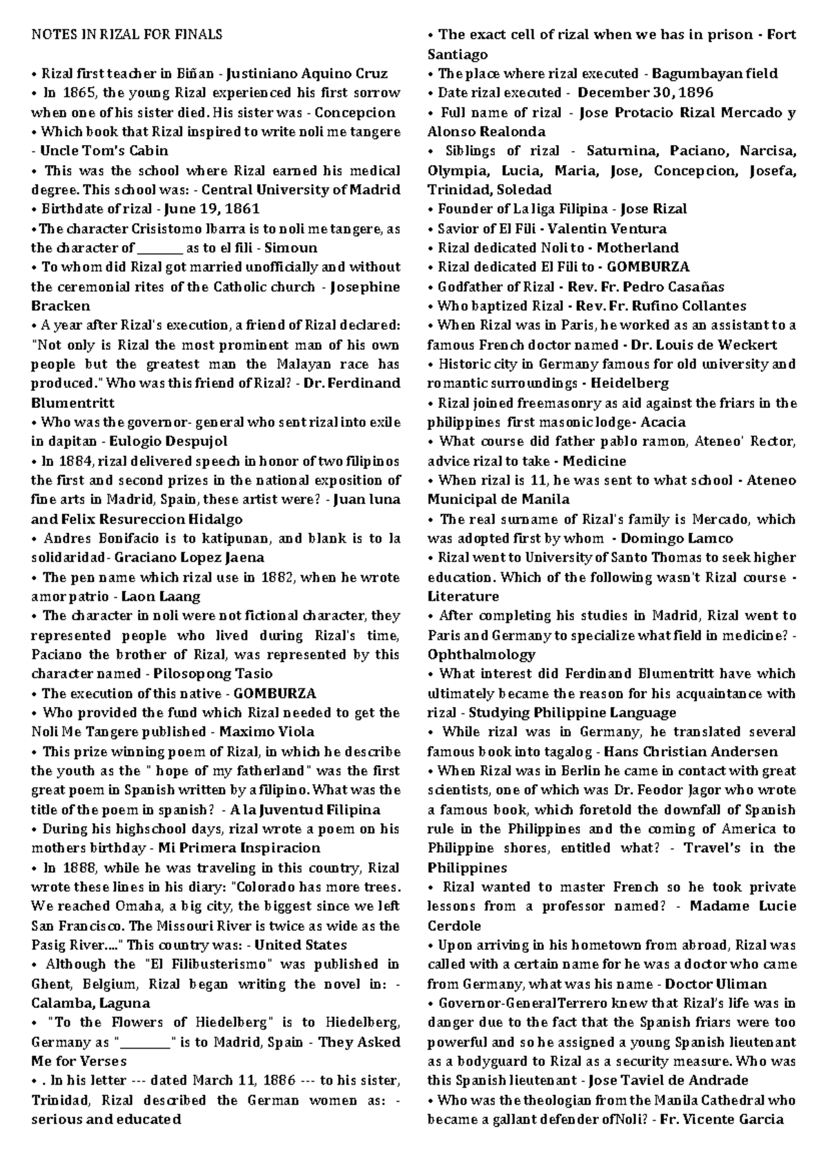 Final na jud na notes sa Rizal - NOTES IN RIZAL FOR FINALS Rizal first ...