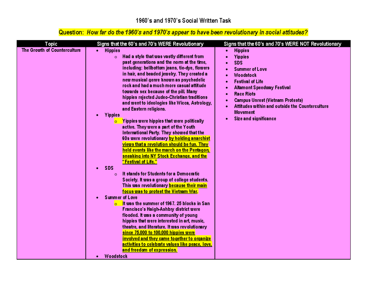 1960s and 1970s Social Written Task copy PART 2 - 19 60’s and 1970’s ...