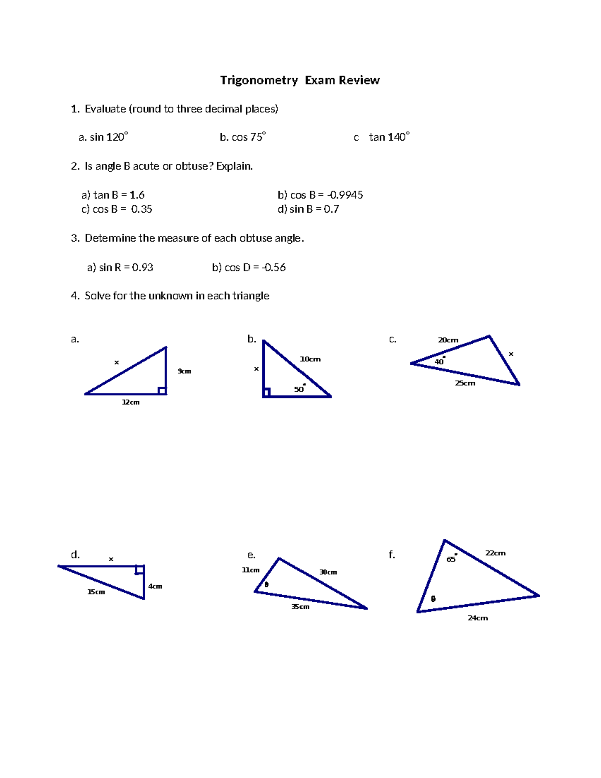 Trigonometry exam review practice - Trigonometry Exam Review 1 ...