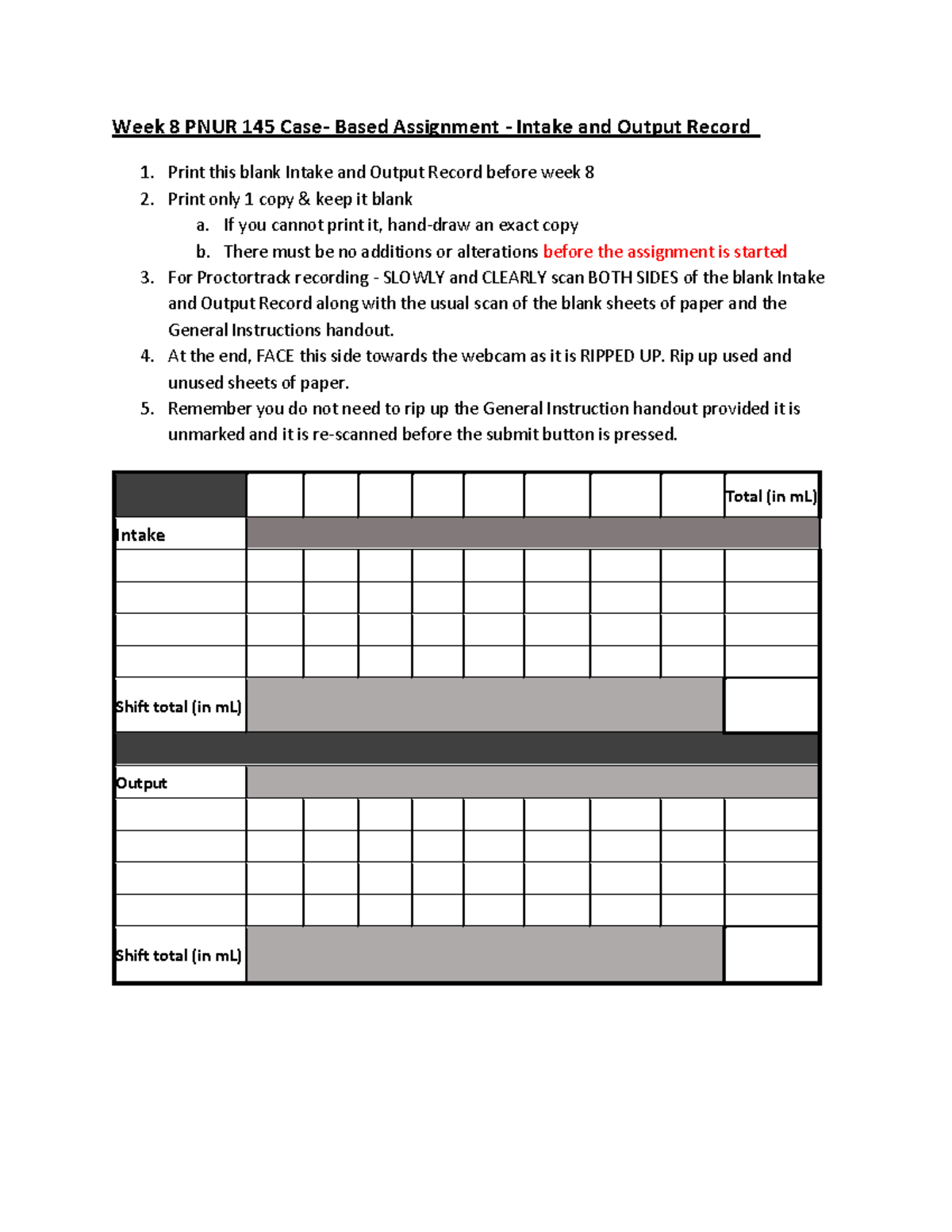 PNUR 145 Case-Based Assignment - Blank Intake and Output Record - Week 8 PNUR 145 Case- Based ...