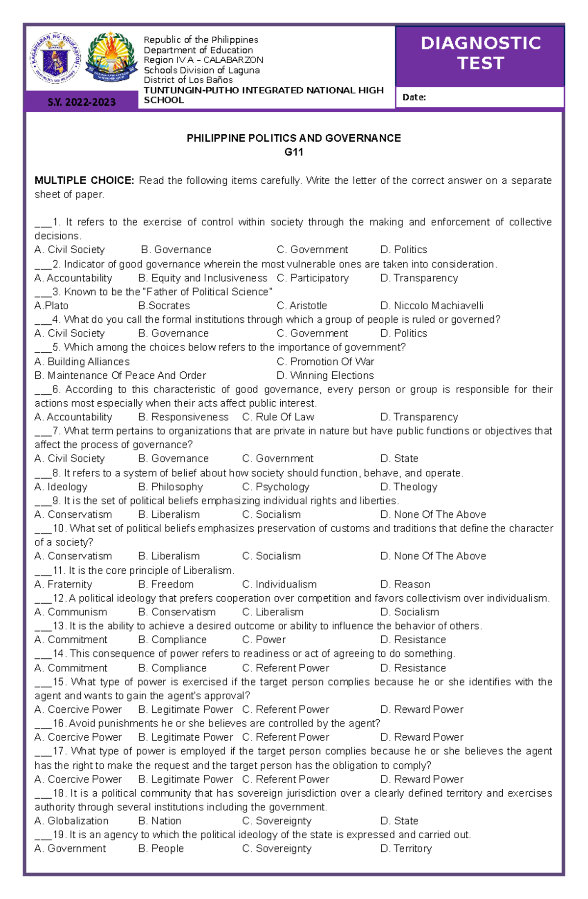 Diagnostic-exam-PPG - for your acads - PHILIPPINE POLITICS AND ...