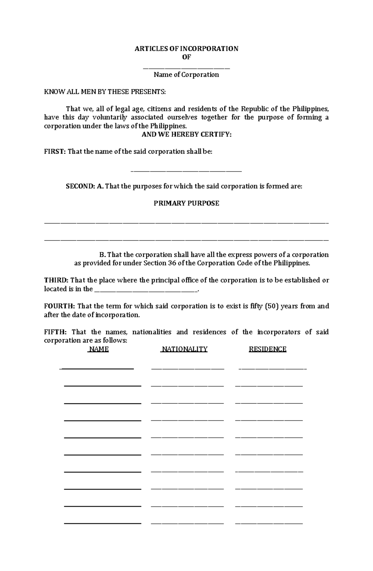 Articles OF Incorporation AND Notarial Acknowledgement Sample ...
