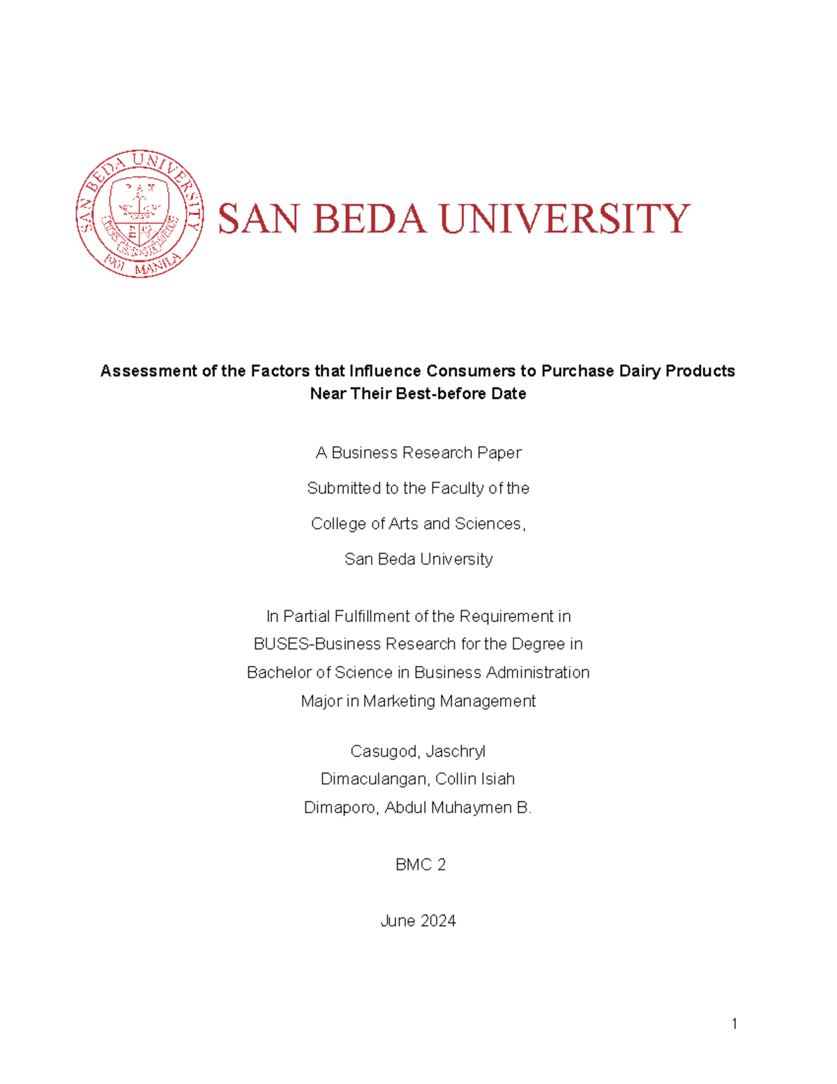 Bus Res research Manuscript Final - SAN BEDA UNIVERSITY Assessment of ...