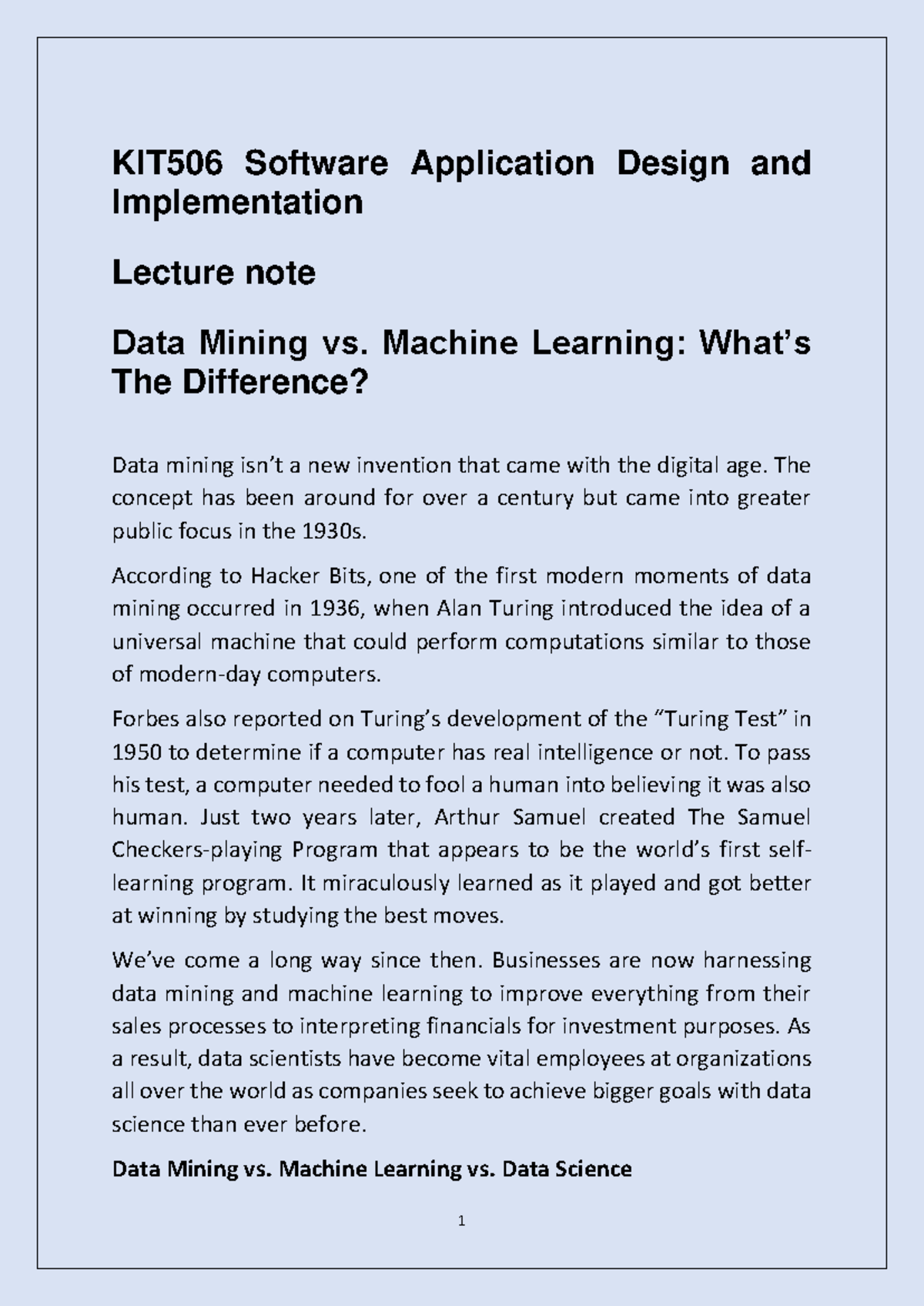 KIT506 Software Application Design and Implementation lecture note Data Mining vs Machine ...
