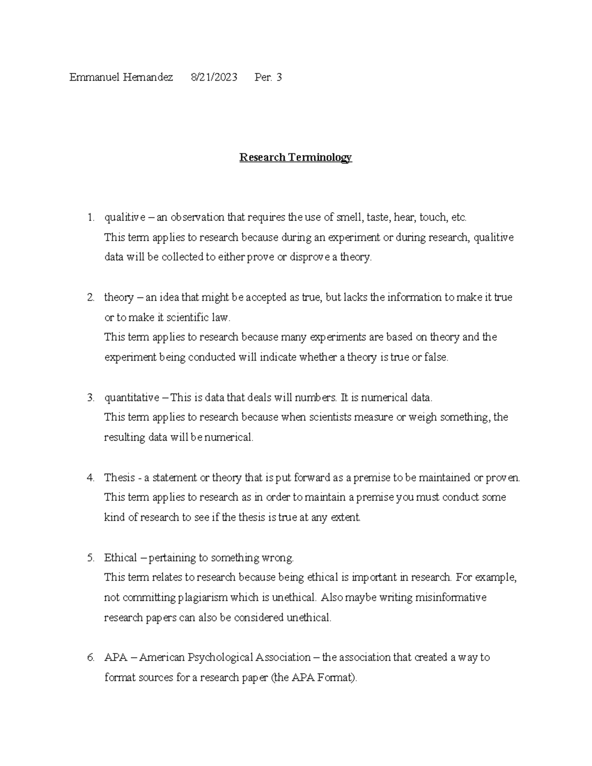 Research Terminology assginment - Emmanuel Hernandez 8/21/2023 Per. 3 ...