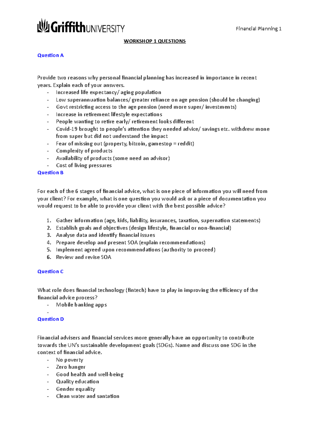 Topic 1 All Workshop Questions Workshop 1 Questions Question A