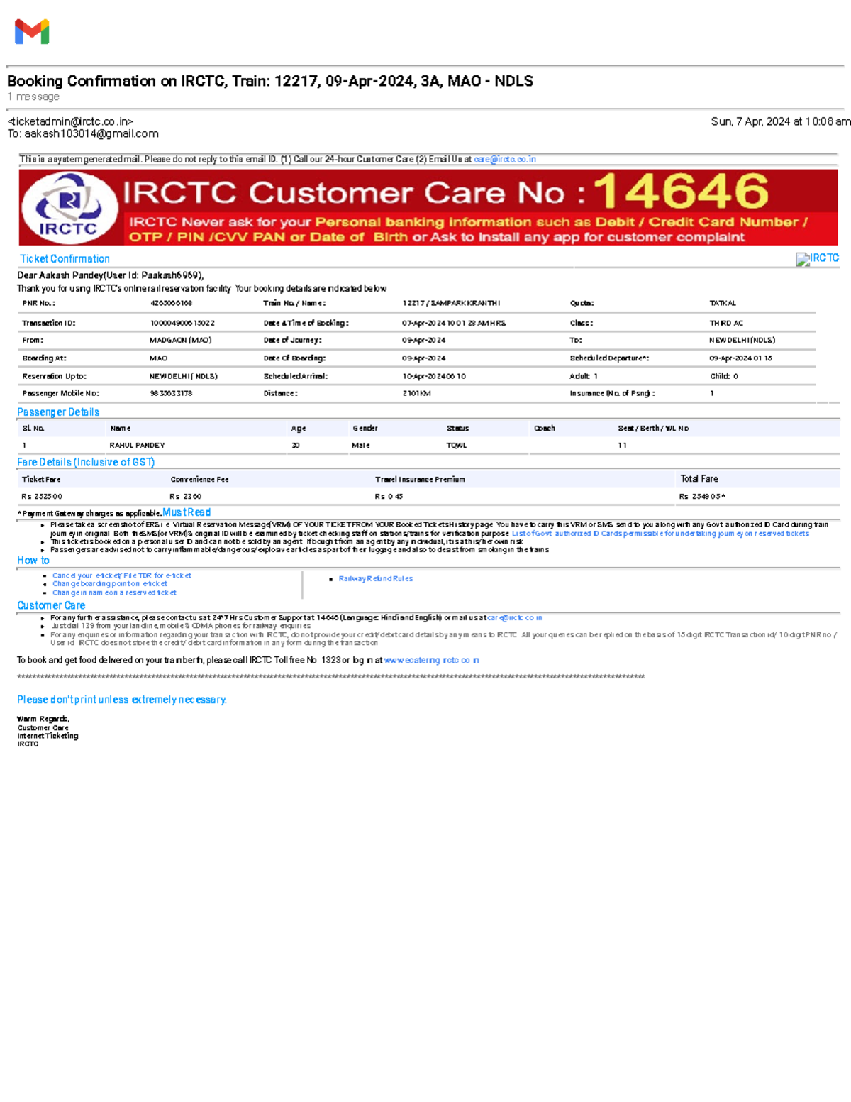 Gmail - Booking Confirmation on Irctc, Train 12217, 09-Apr-2024, 3A ...