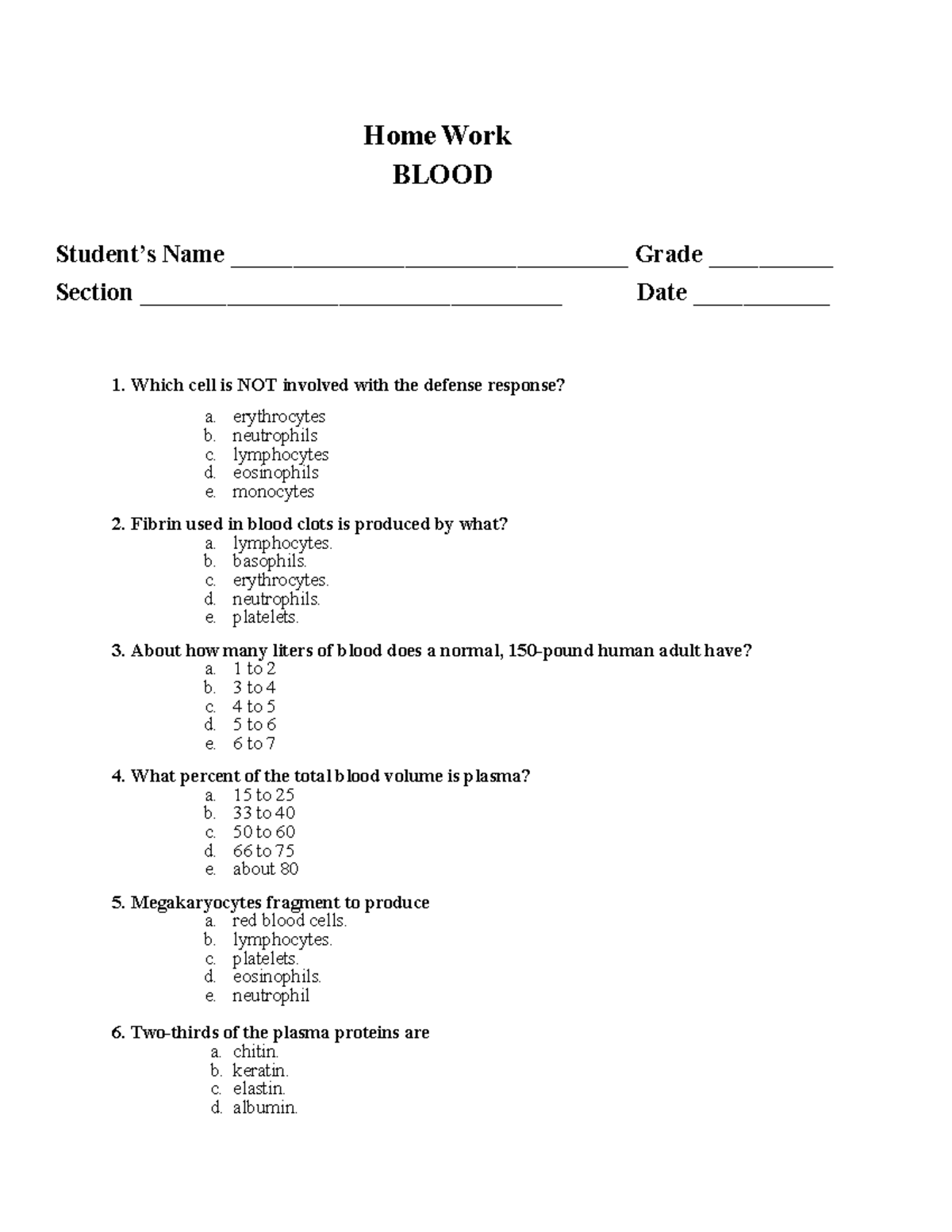 HW The Blood - Home Work BLOOD Student’s Name ...