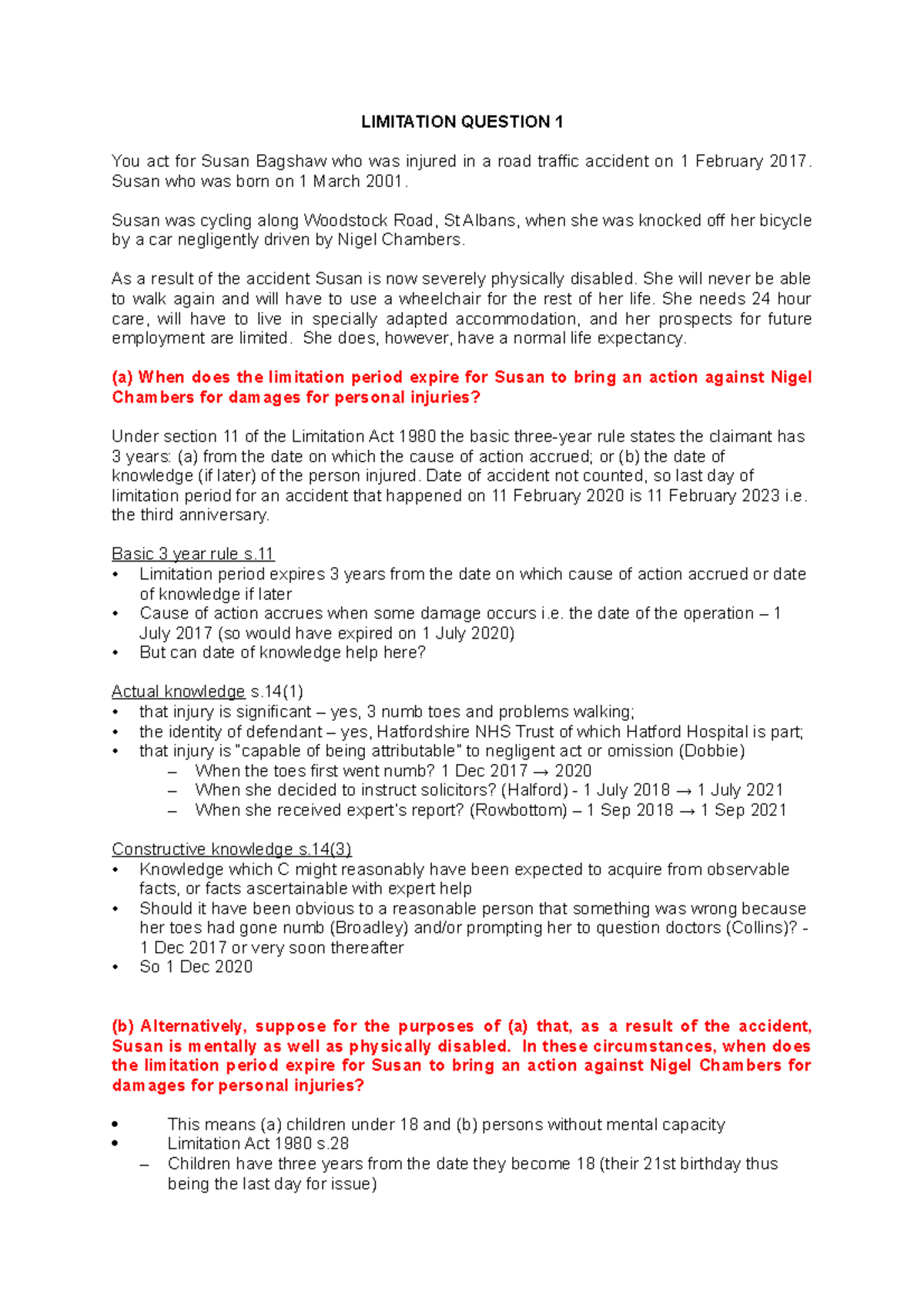 Workshop Questions Completed - LIMITATION QUESTION 1 You act for Susan ...