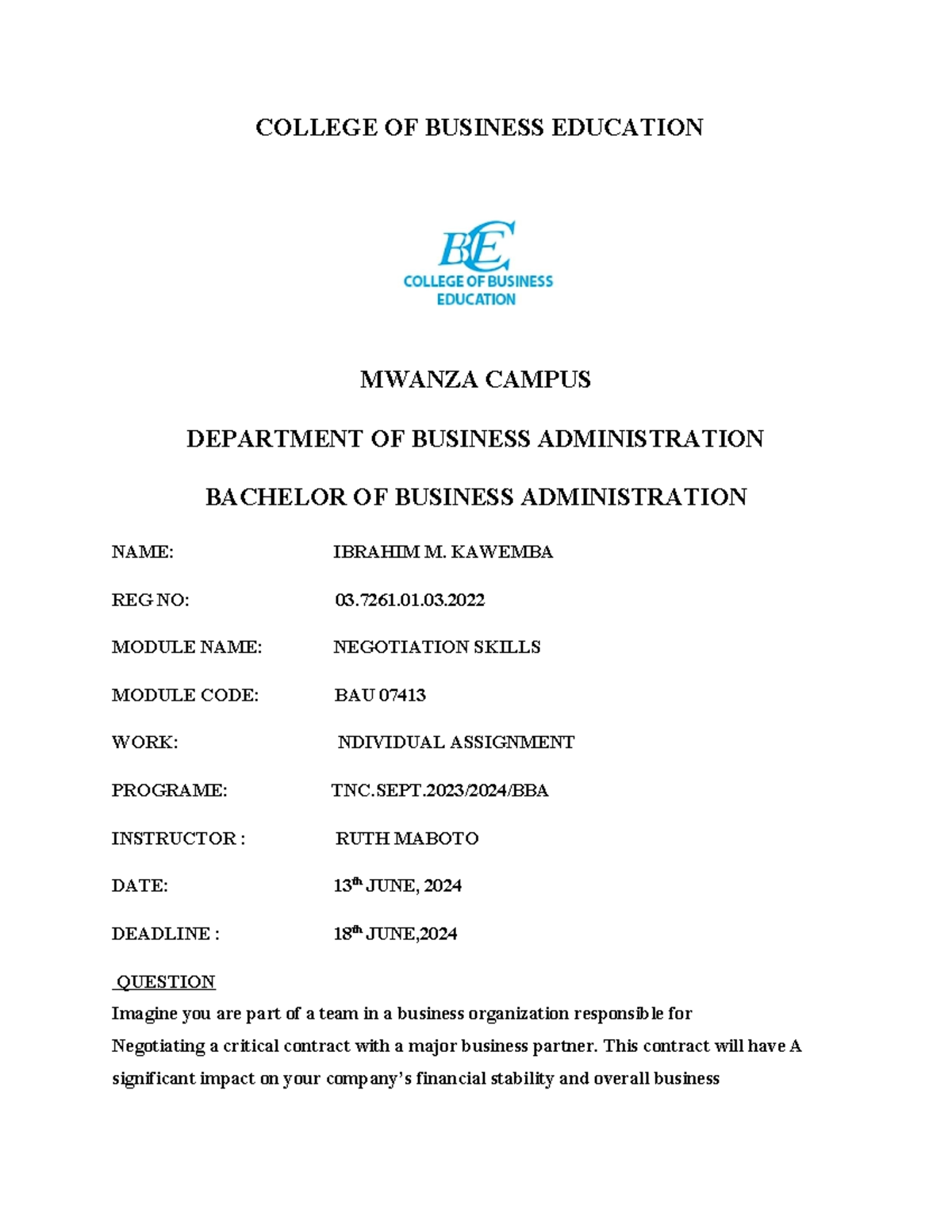 Abdulfaraj 2026 negotiation - COLLEGE OF BUSINESS EDUCATION MWANZA ...