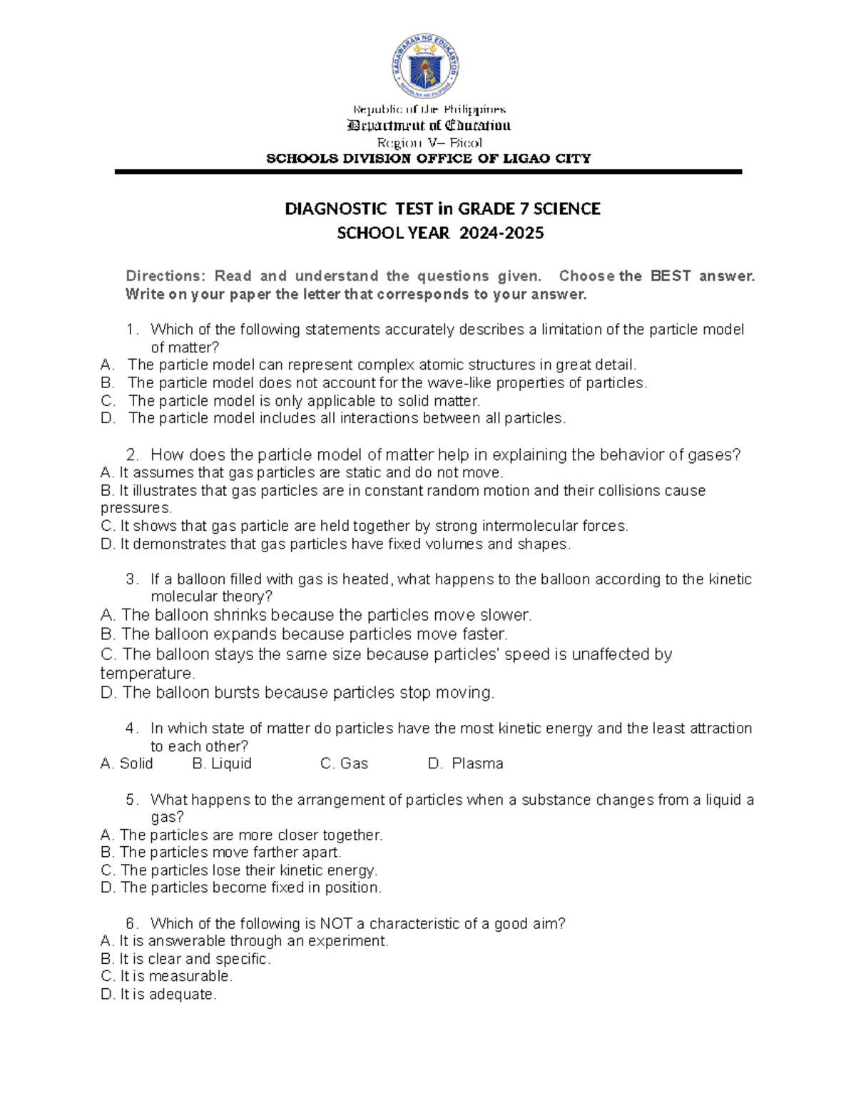 Revised Diagnotic Test Matatag Gr 7 Science - DIAGNOSTIC TEST in GRADE ...