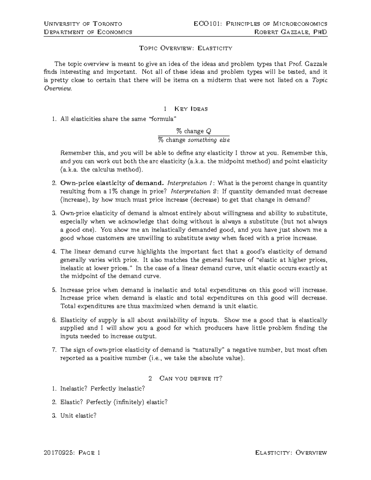 ECO101 profG Overview on Elasticity fall2021 - University of Toronto Department of Economics ...