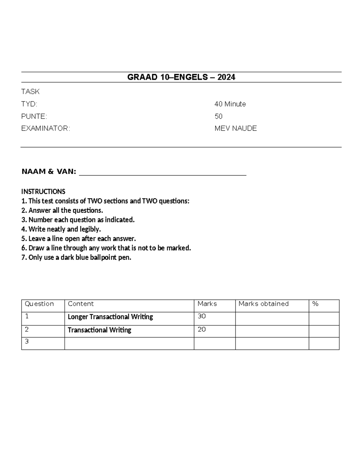 Engels Taak 1 & 2 - Writing essays task two - GRAAD 10–ENGELS – 2024 ...