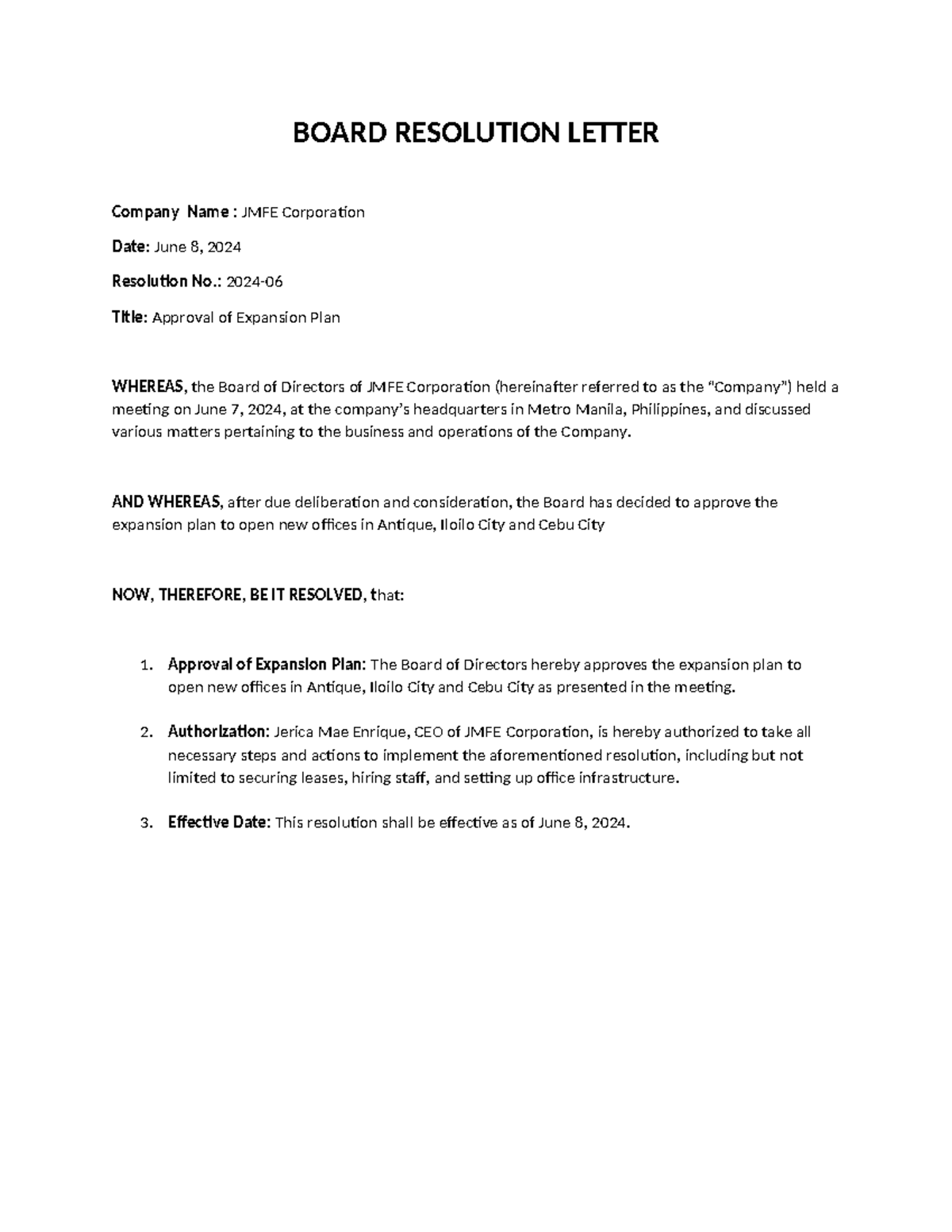 Resolution - None - BOARD RESOLUTION LETTER Company Name : JMFE ...