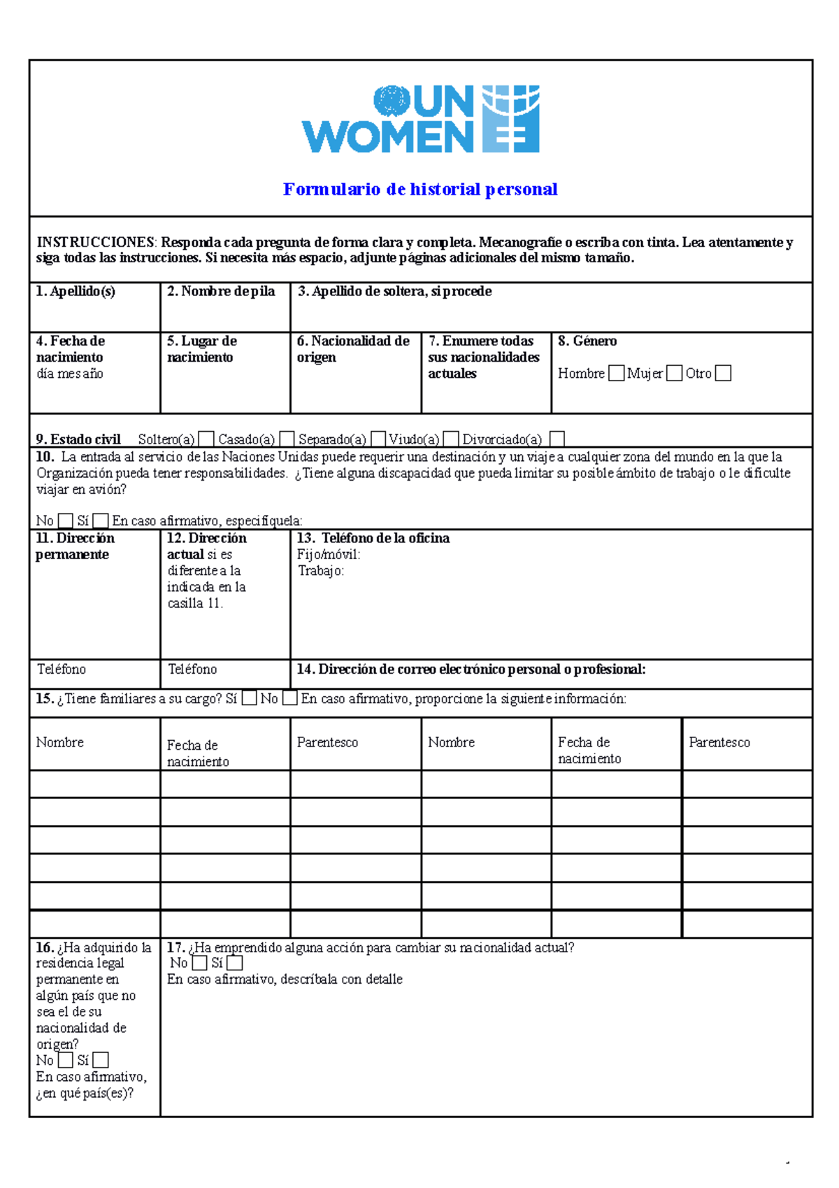 UN Women P11 Personal History Form es - Formulario de historial ...