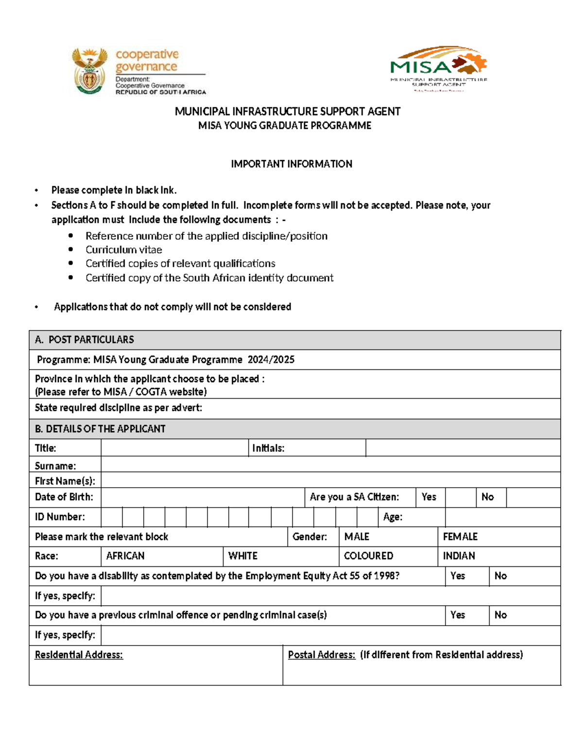 YG Application Form 2024 25 - MUNICIPAL INFRASTRUCTURE SUPPORT AGENT ...