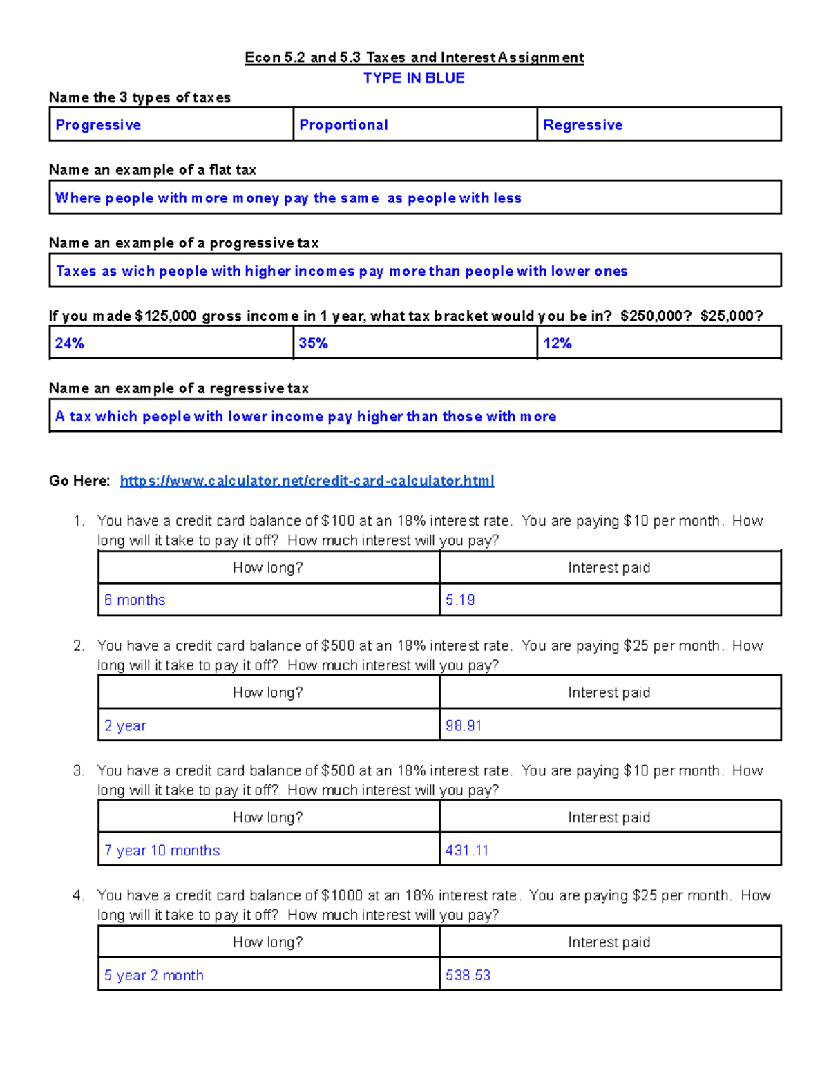 Econ 5.2 and 5.3 Taxes and Interest Asst - Econ 5 and 5 Taxes and ...