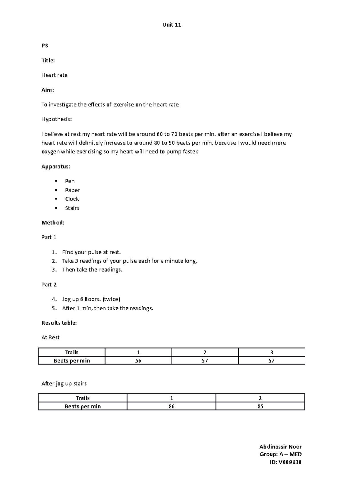 Unit 11 - P3, P4 - APPLIED SCIENCE - P Title: Heart rate Aim: To ...