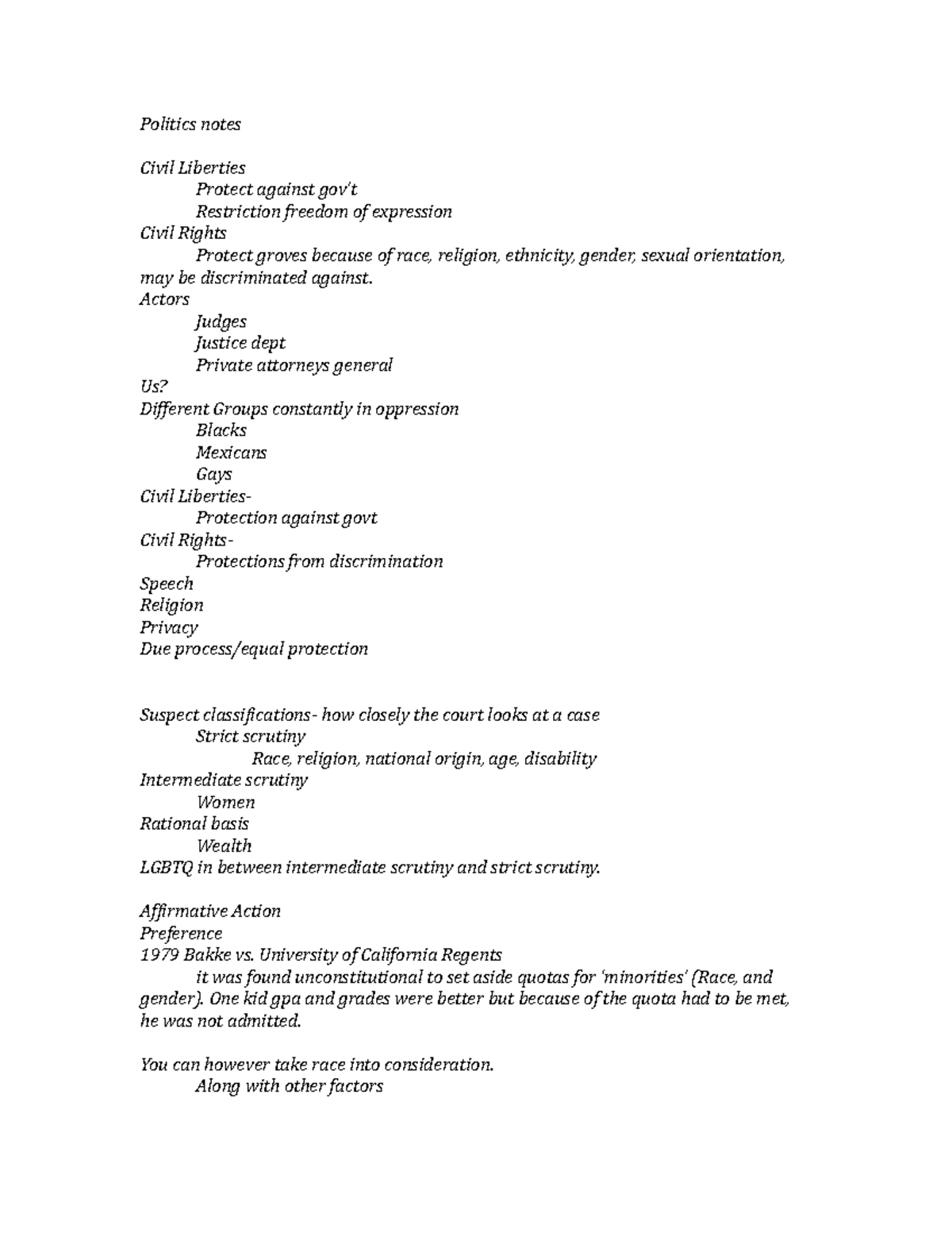 Politics notes - Politics notes Civil Liberties Protect against gov’t ...
