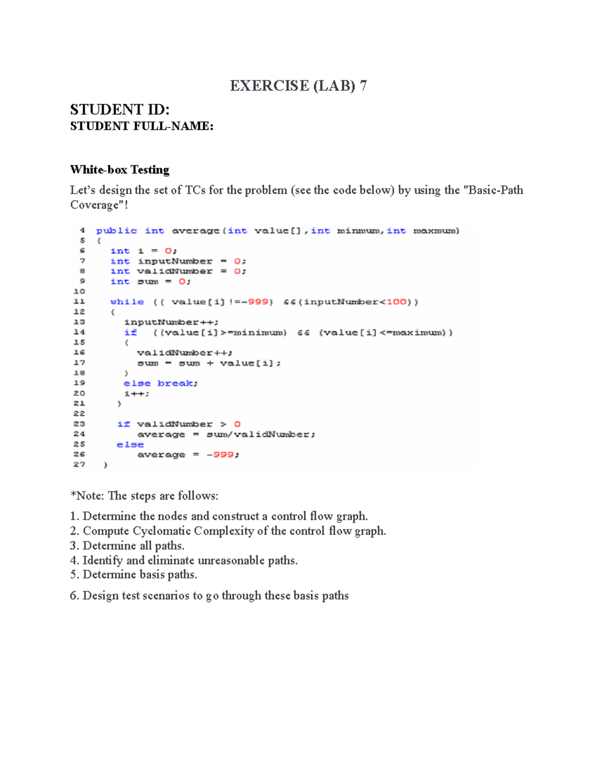 Exercise Lab7 Basic Path - EXERCISE (LAB) 7 STUDENT ID: STUDENT FULL ...