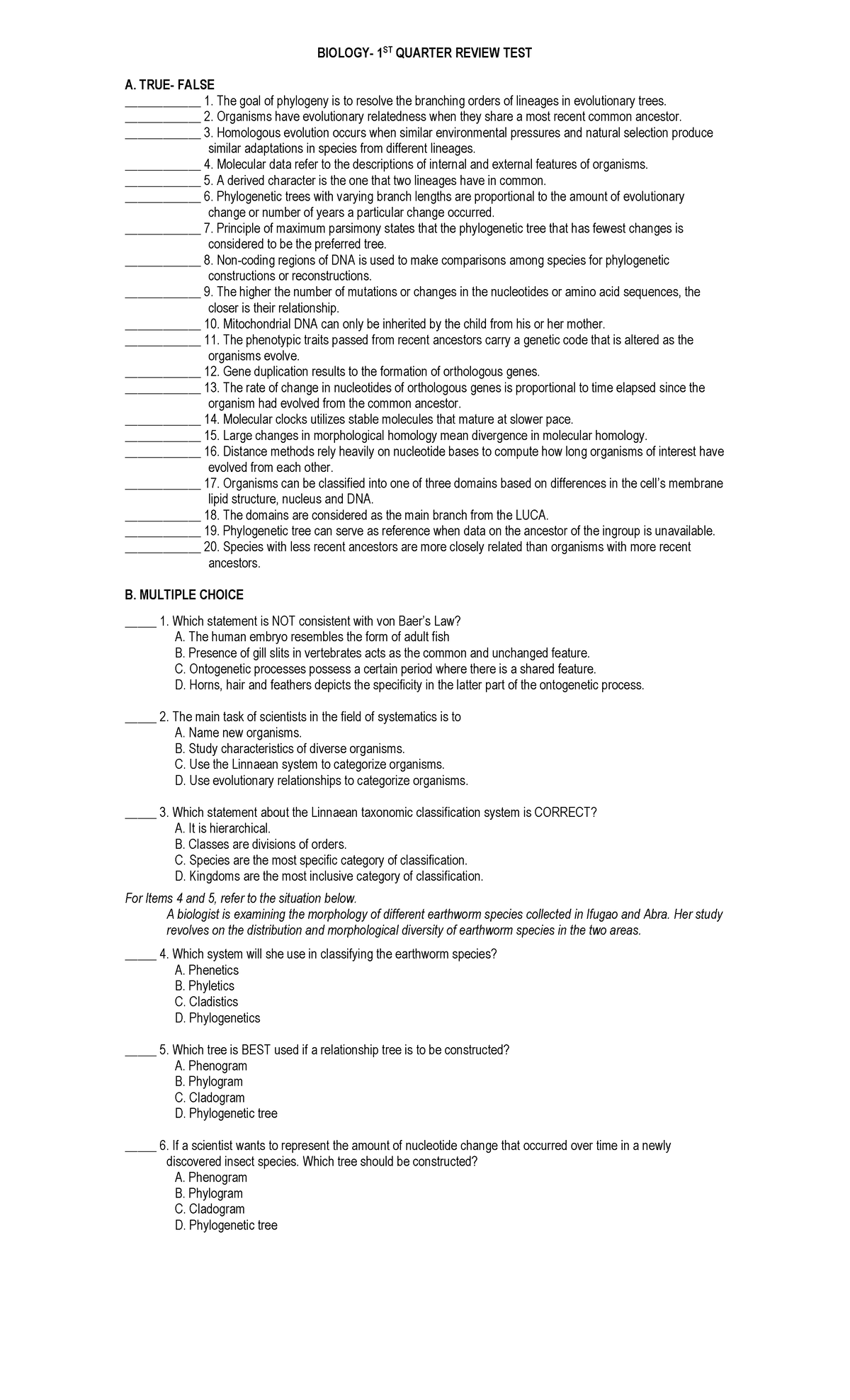 Biology Review TEST A - This reviews concepts on the three domains of ...